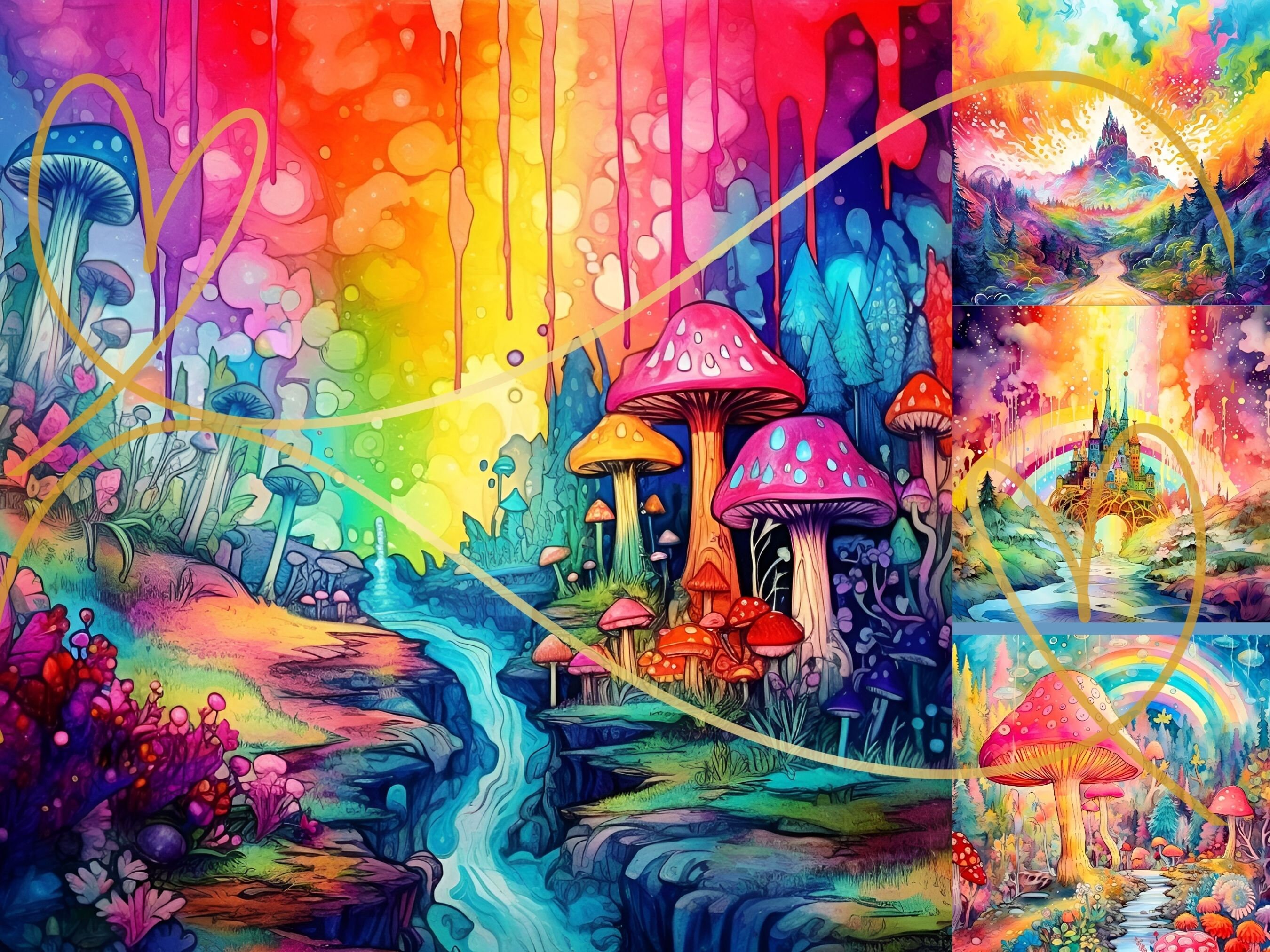 Printable Fantasy Rainbow Digital Paper, Colorful Psychedelic Rainbow ...