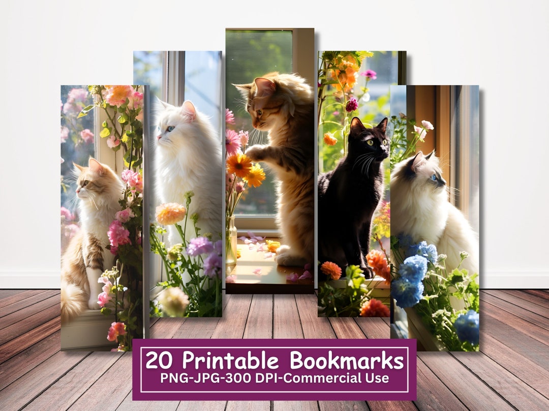 Cats With Flowers Printable Bookmarks Bundle, Cute Cat Bookmark Set of ...