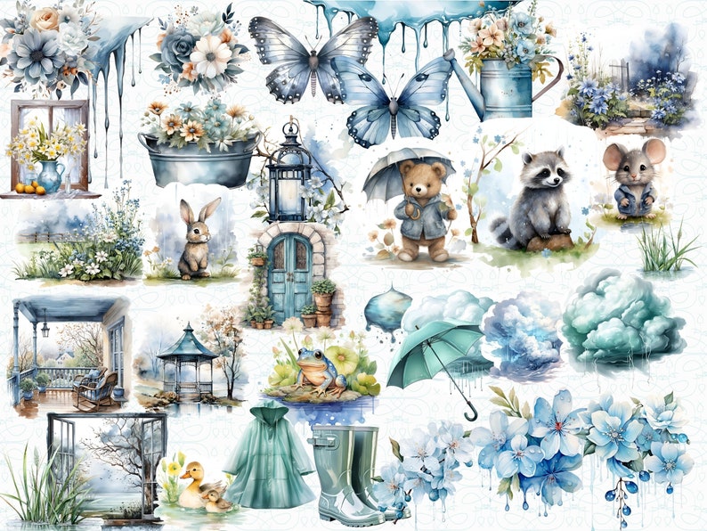 Watercolor Rainy Day Clipart Bundle, 35 PNG Set, Commercial Use, Spring ...