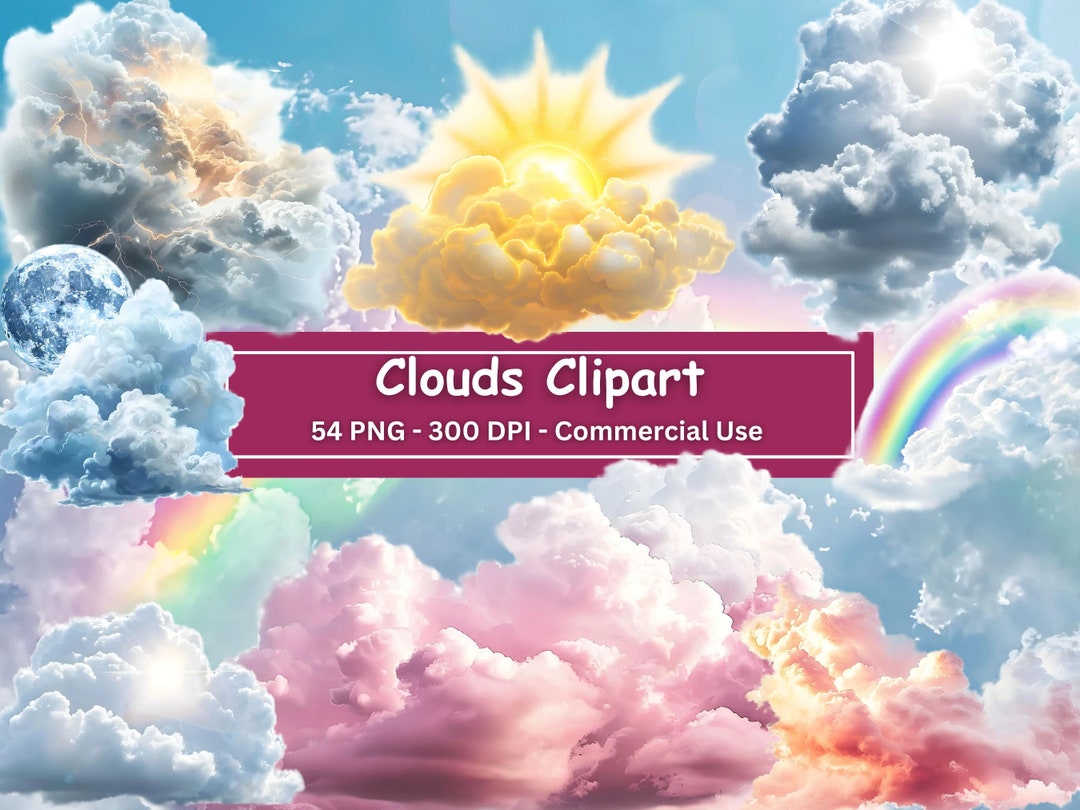 Clouds Clipart Bundle, 54 PNG Set, Pastel Sky, Storm Clouds With ...