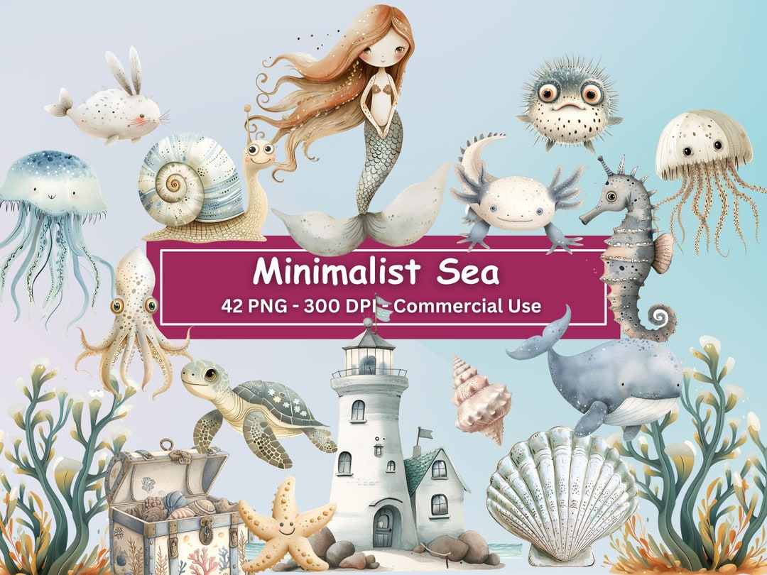 Mermaid Sea Creatures Clipart, Set of 42 Pngs, Under the Sea, Coral ...