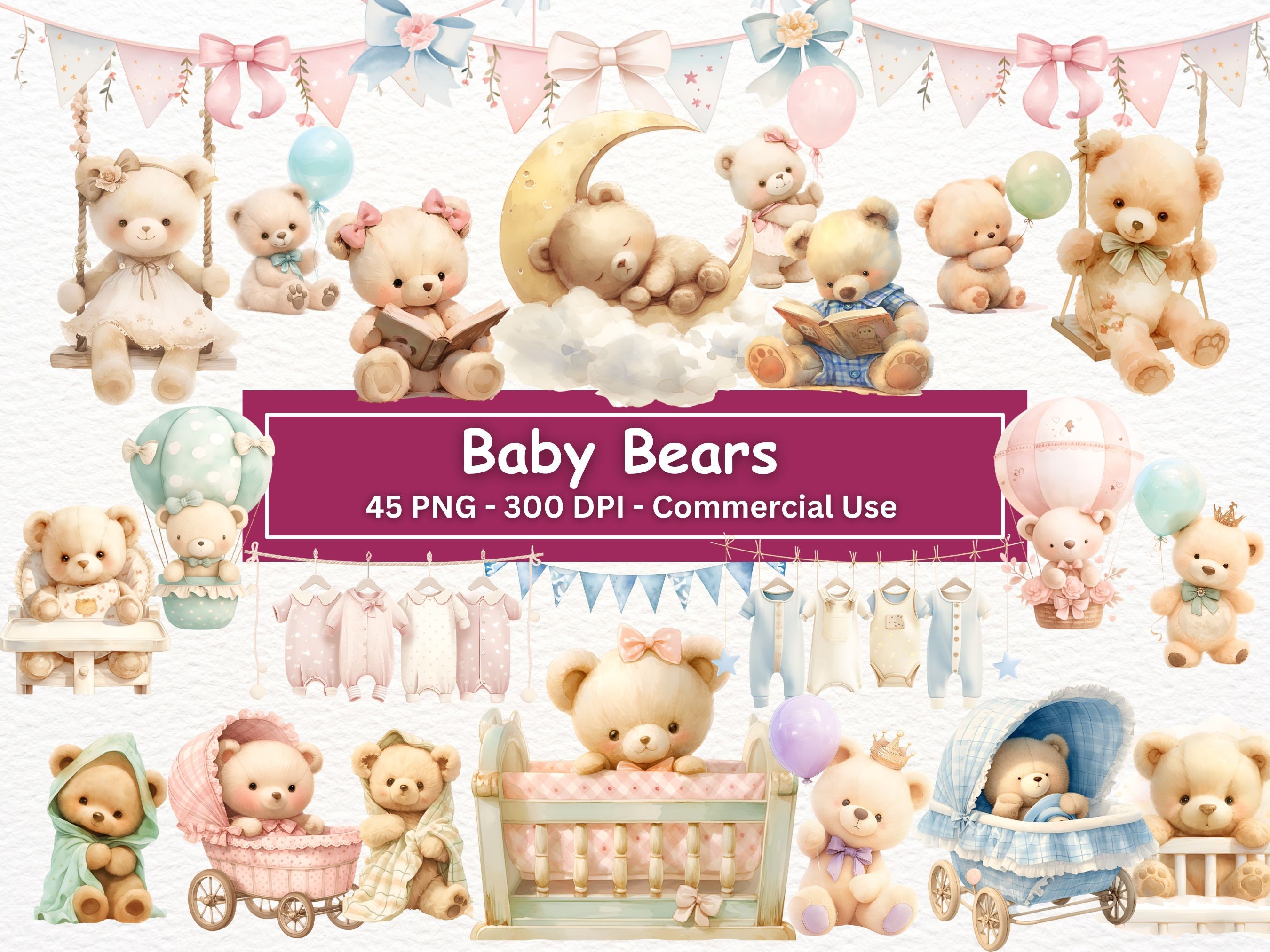 Watercolor Teddy Bear Clipart Bundle: Baby Shower PNG Images (digital ...