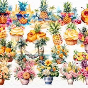 Watercolor Pineapple Clipart Bundle, PNG Set of 80, Coconut Clip Art ...