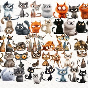 Quirky Cats Clipart Bundle, 45 PNG Set, Transparent Background, Silly ...