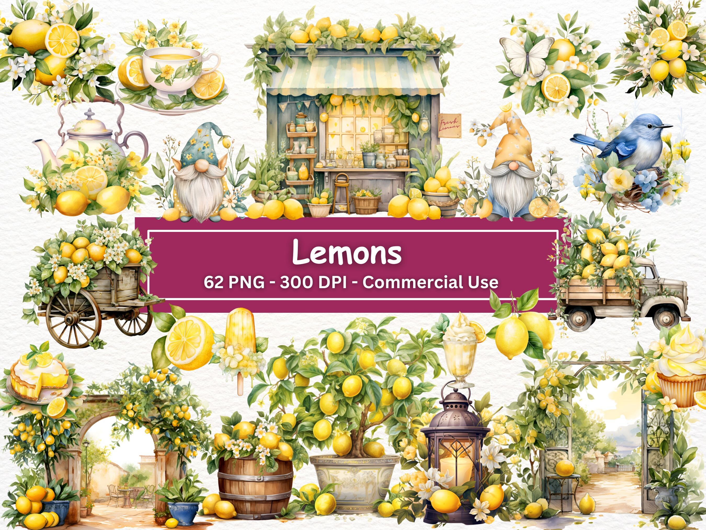 Watercolor Lemons Clipart Bundle, PNG Set of 53, Lemon Clip Art, Rustic ...