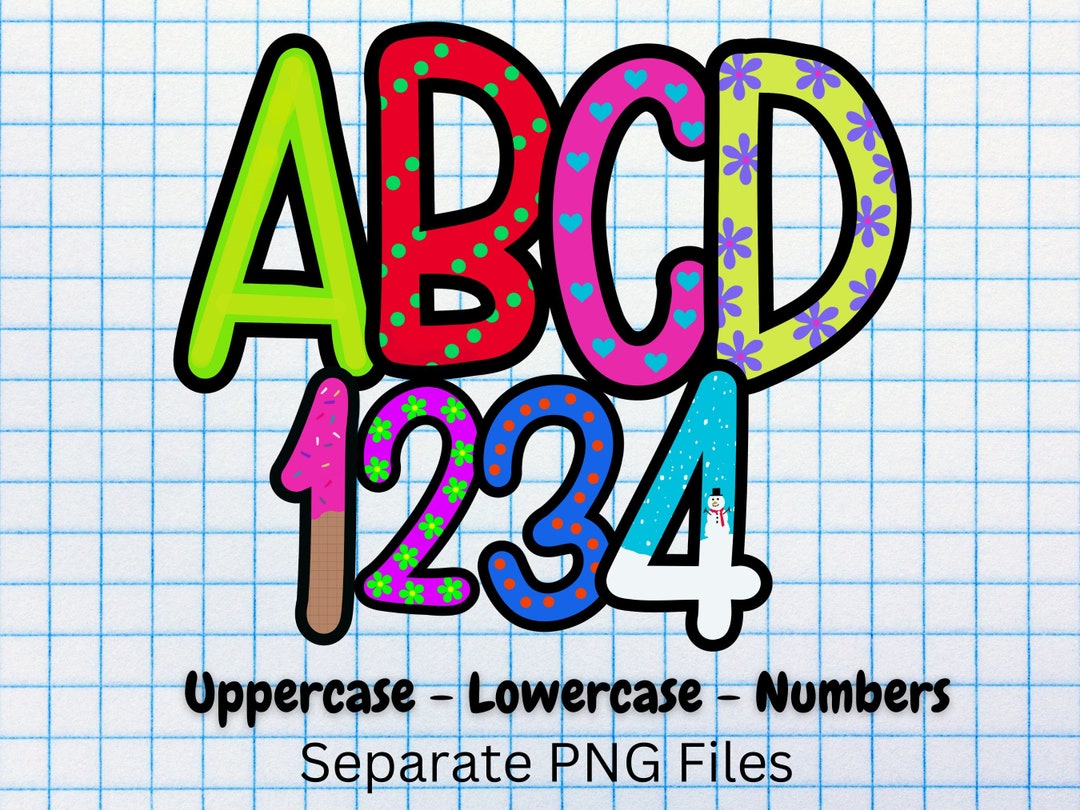 Colorful Playful Kids Alphabet Clipart, PNG Doodle Letters and Numbers ...