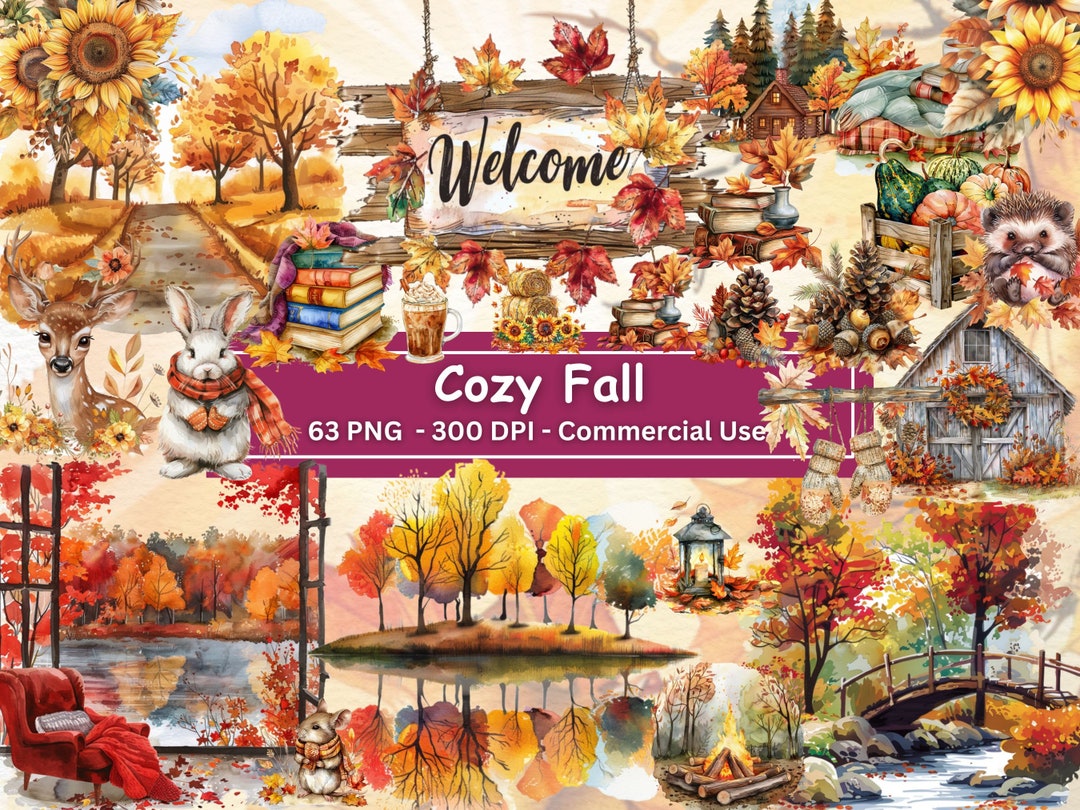 Cozy Fall Watercolor Clipart Bundle, 63 PNG Set, Forest Trails ...