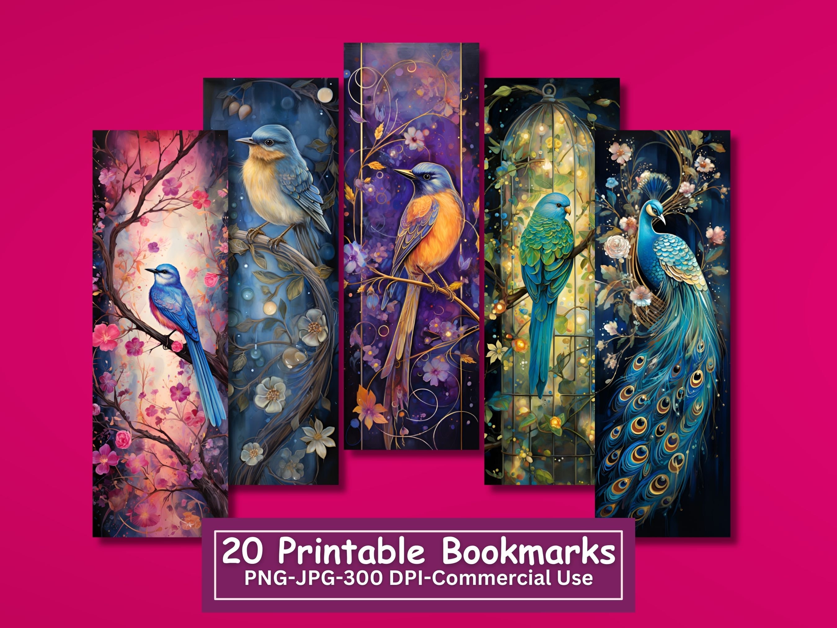 Fantasy Birds Printable Bookmarks Bundle, Set of 20 PNG/JPG Floral Bird ...