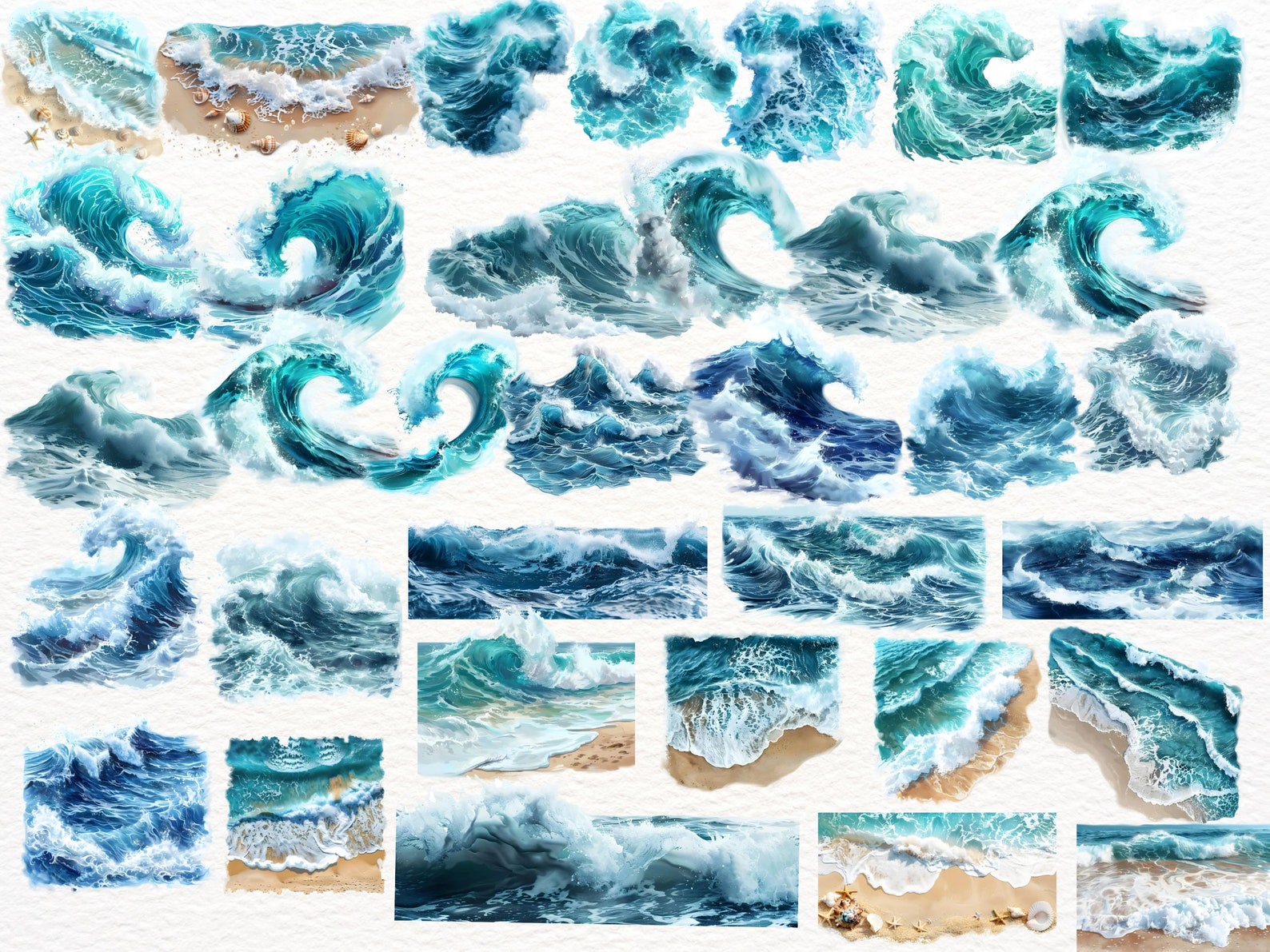 Watercolor Ocean Waves Clipart: Beach Nautical PNG Set (digital ...