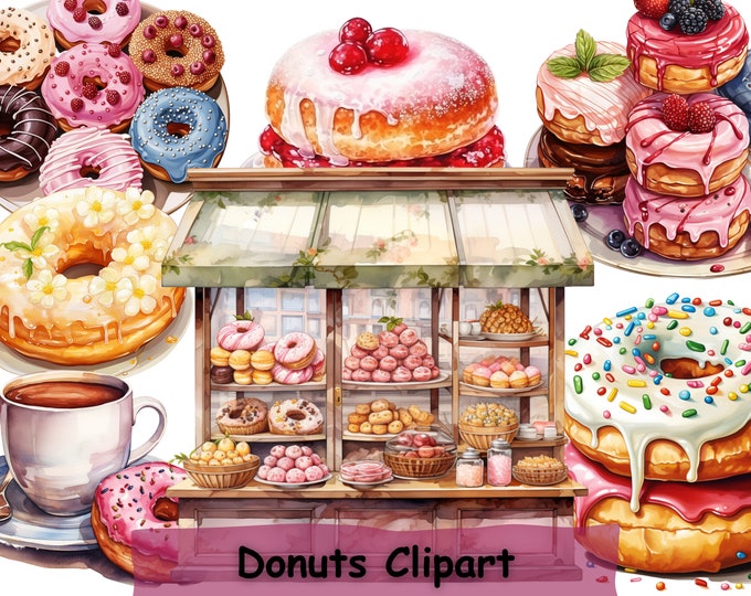 Donut Shop Clipart | Watercolor Donut PNG | Baking Clipart Bundle ...