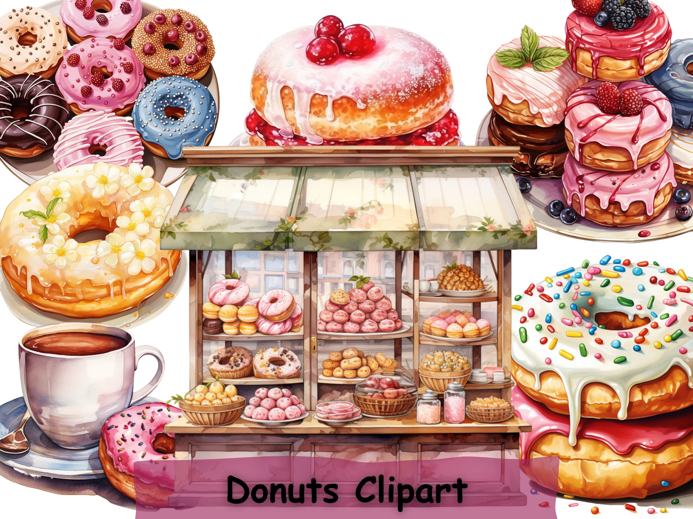 Donut Clipart Watercolor Donut PNG Bundle Baking Dessert - Etsy