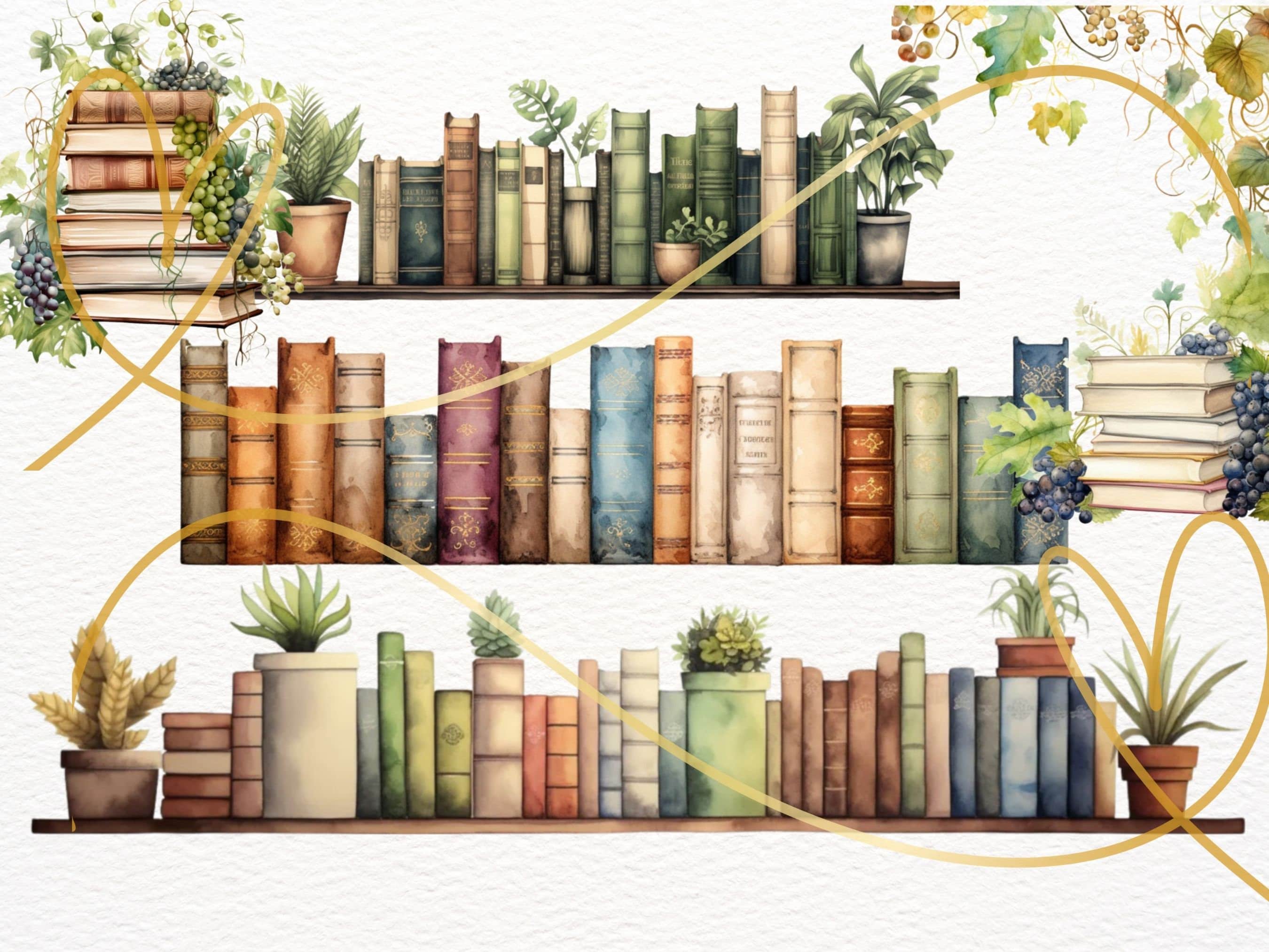 Watercolor Book Border Clipart: Vintage Fantasy PNG Set (digital ...