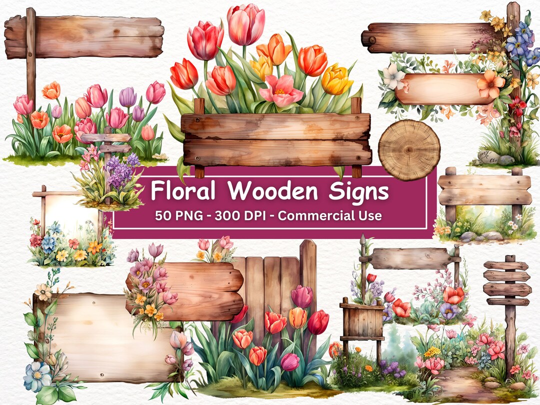 Floral Wooden Signs Clipart: Watercolor Flowers PNG Set (digital ...
