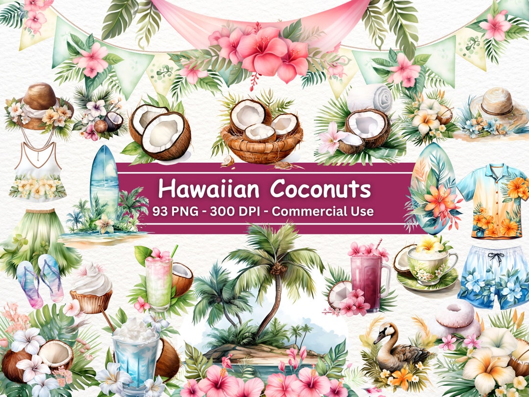 Watercolor Coconut Clipart Bundle: Tropical Hawaii PNG Set (93 Images ...