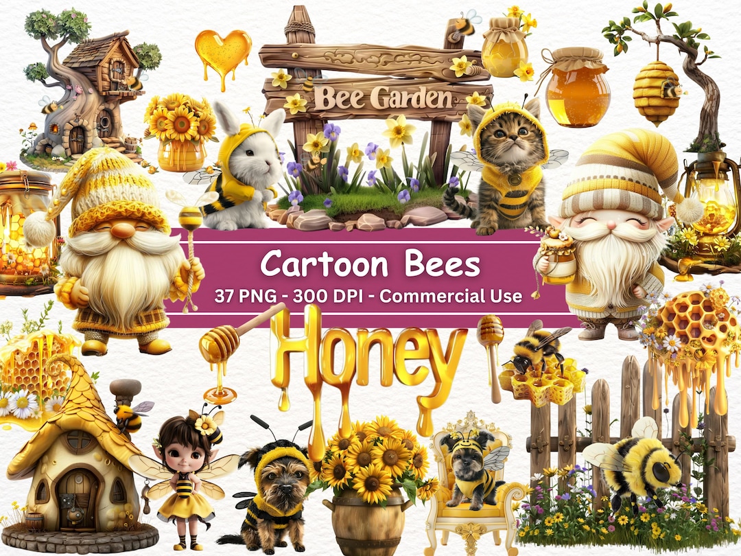 Watercolor Cartoon Honey Bee Clipart Bundle, PNG Set of 37, Gnomes, Bee ...