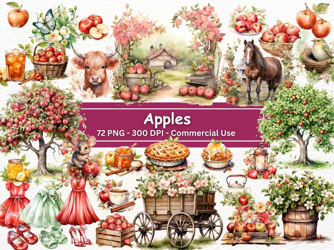 Watercolor Apple Clipart Bundle: Rustic Orchard PNG Set (72 Images ...
