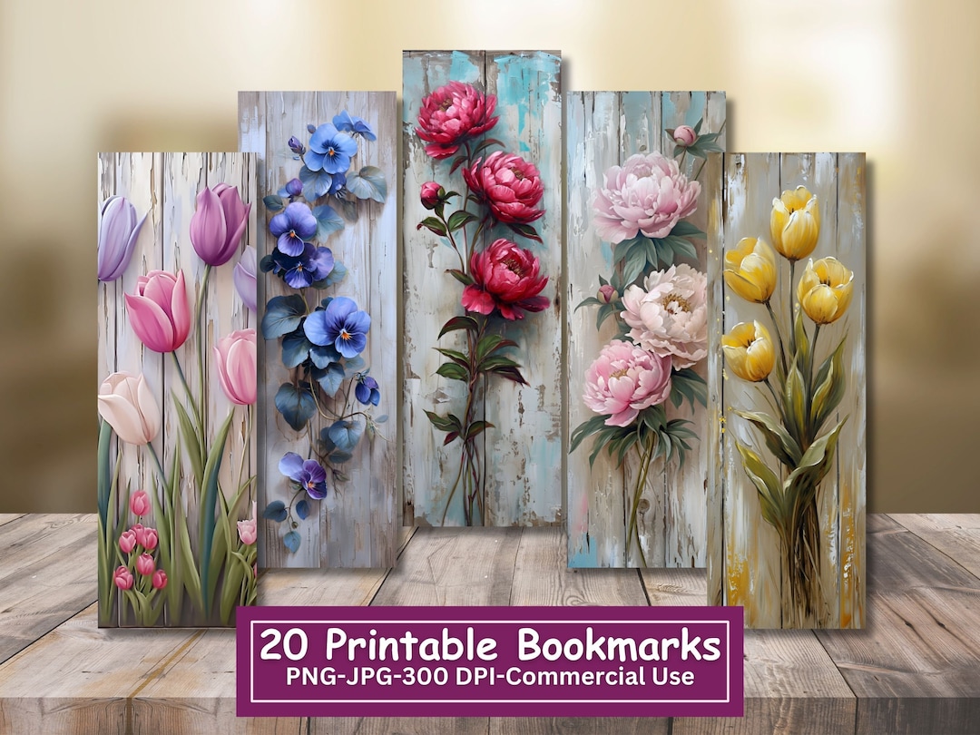 Rustic Floral Bookmarks: Distressed Wood, 20 PNG/JPG Designs (digital ...