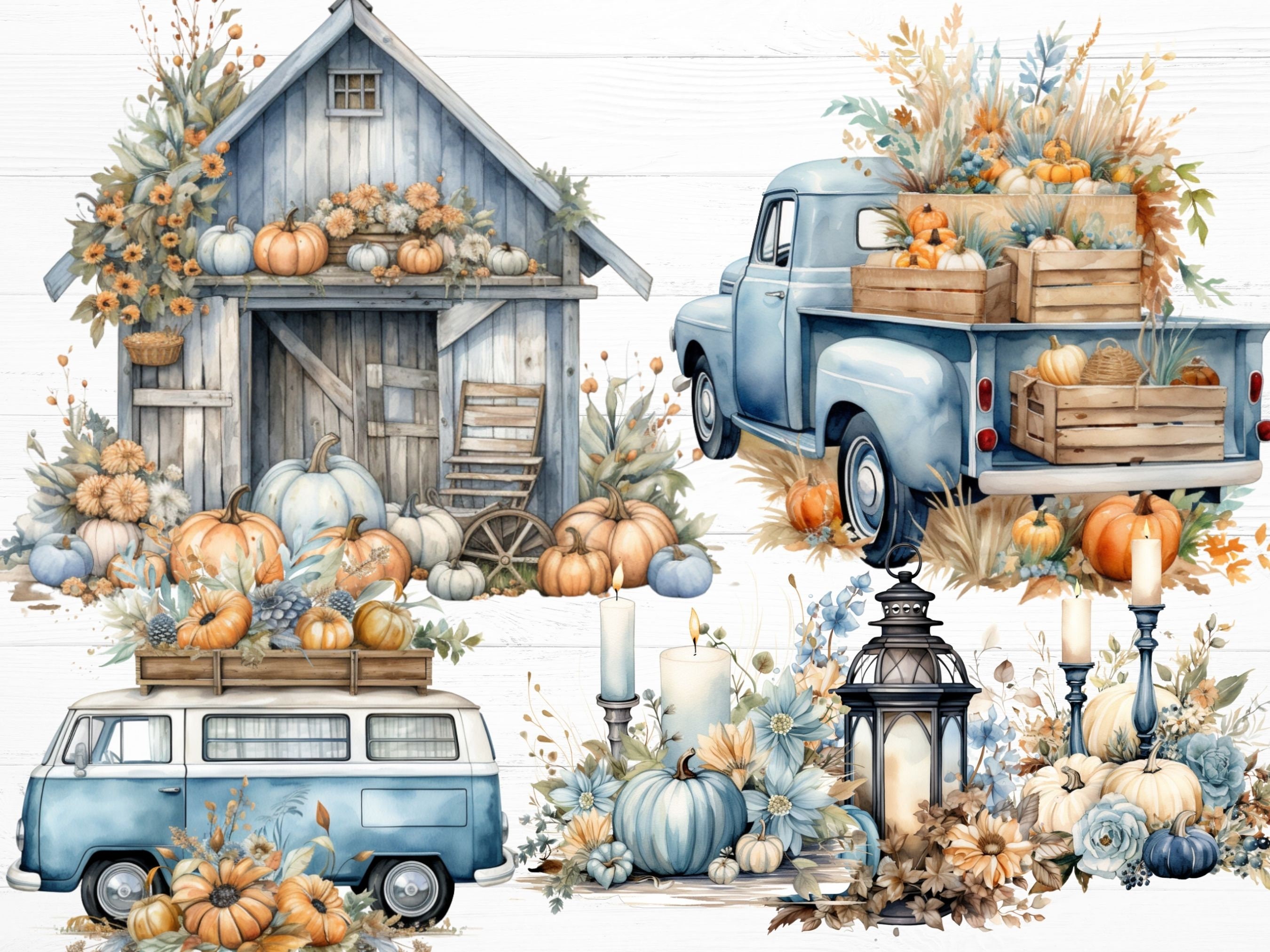 Pastel Blue Pumpkin Truck Clipart: Watercolor Autumn PNG Set (digital ...