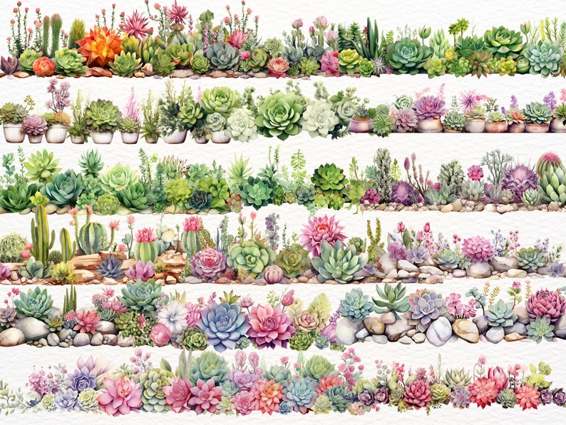 Watercolor Succulent Borders Bundle, Set of 0f 40 Pngs, Plants, Garden ...
