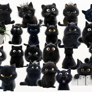 Funny Black Cats Clipart Bundle, PNG Set of 22, Humorous Cartoon ...