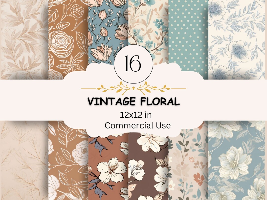 Vintage Floral Digital Paper Bundle, Flowers and Lace Paper Pack of 16 ...