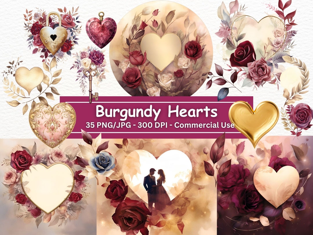 Watercolor Burgundy & Gold Heart Frames: 35 PNG/JPG Clipart (digital ...