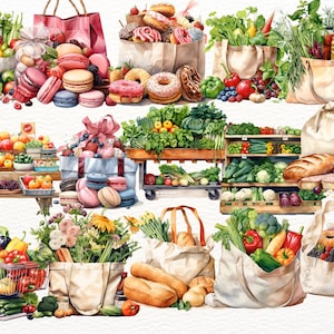 Groceries Watercolor Clipart Bundle, 33 PNG Set, Food Clipart, Grocery ...