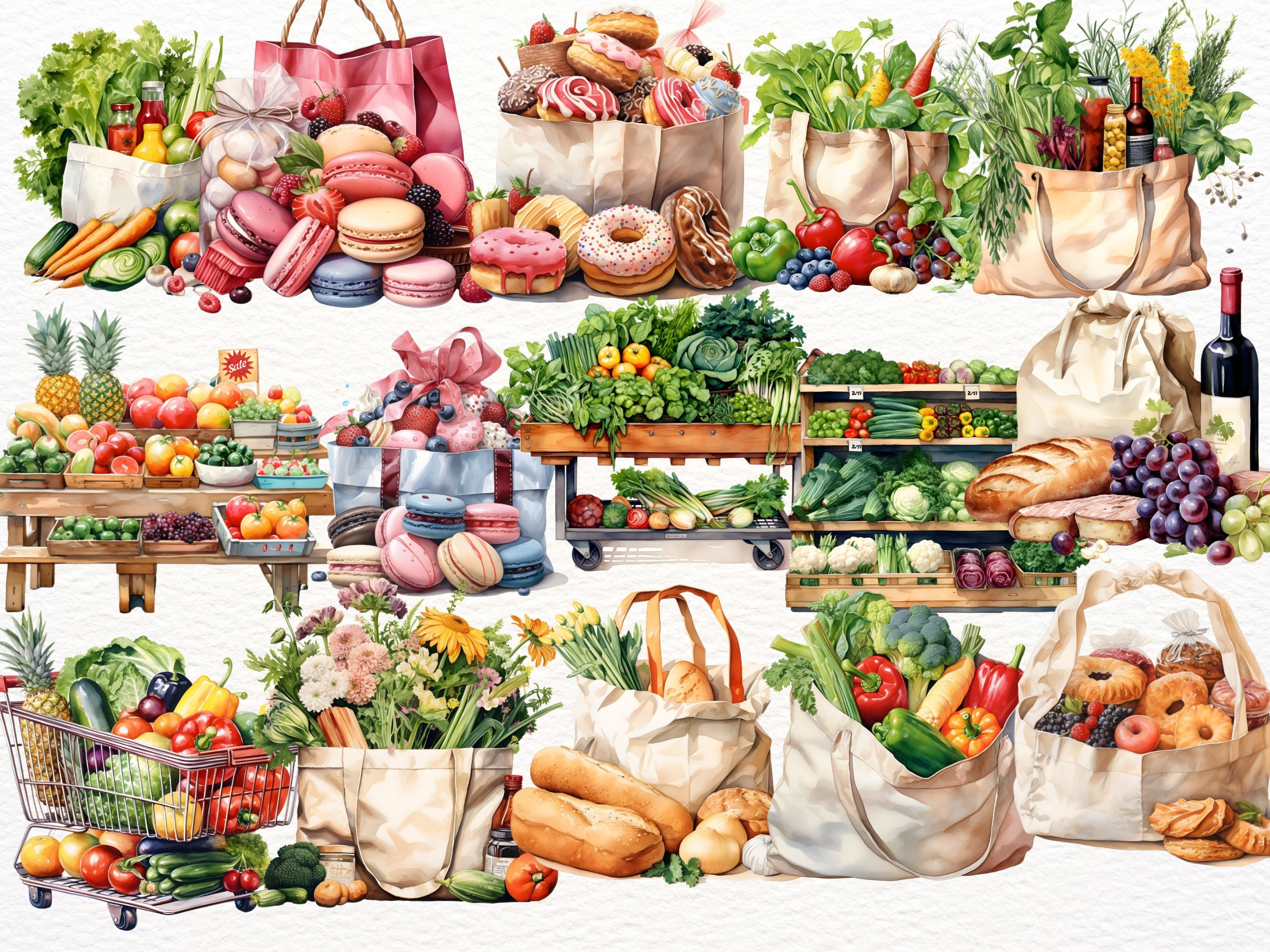 Watercolor Groceries Clipart Bundle: 33 PNG Food Illustrations (digital ...