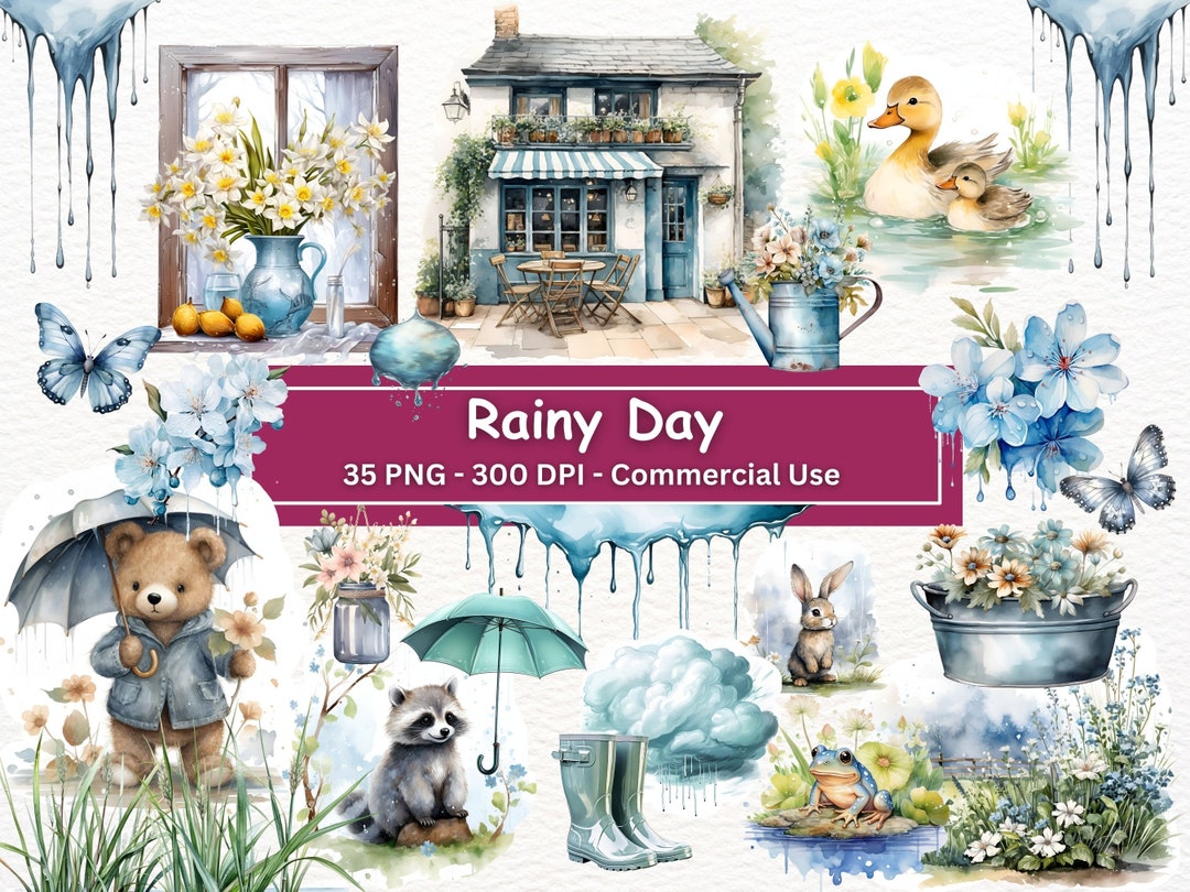 Watercolor Rainy Day Clipart Bundle, 35 PNG Set, Commercial Use, Spring ...