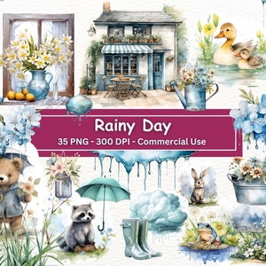 Watercolor Rainy Day Clipart Bundle, 35 PNG Set, Commercial Use, Spring ...