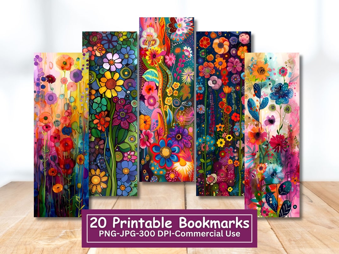 Whimsical Flowers Printable Bookmarks Bundle, Set of 20 PNG/JPG ...