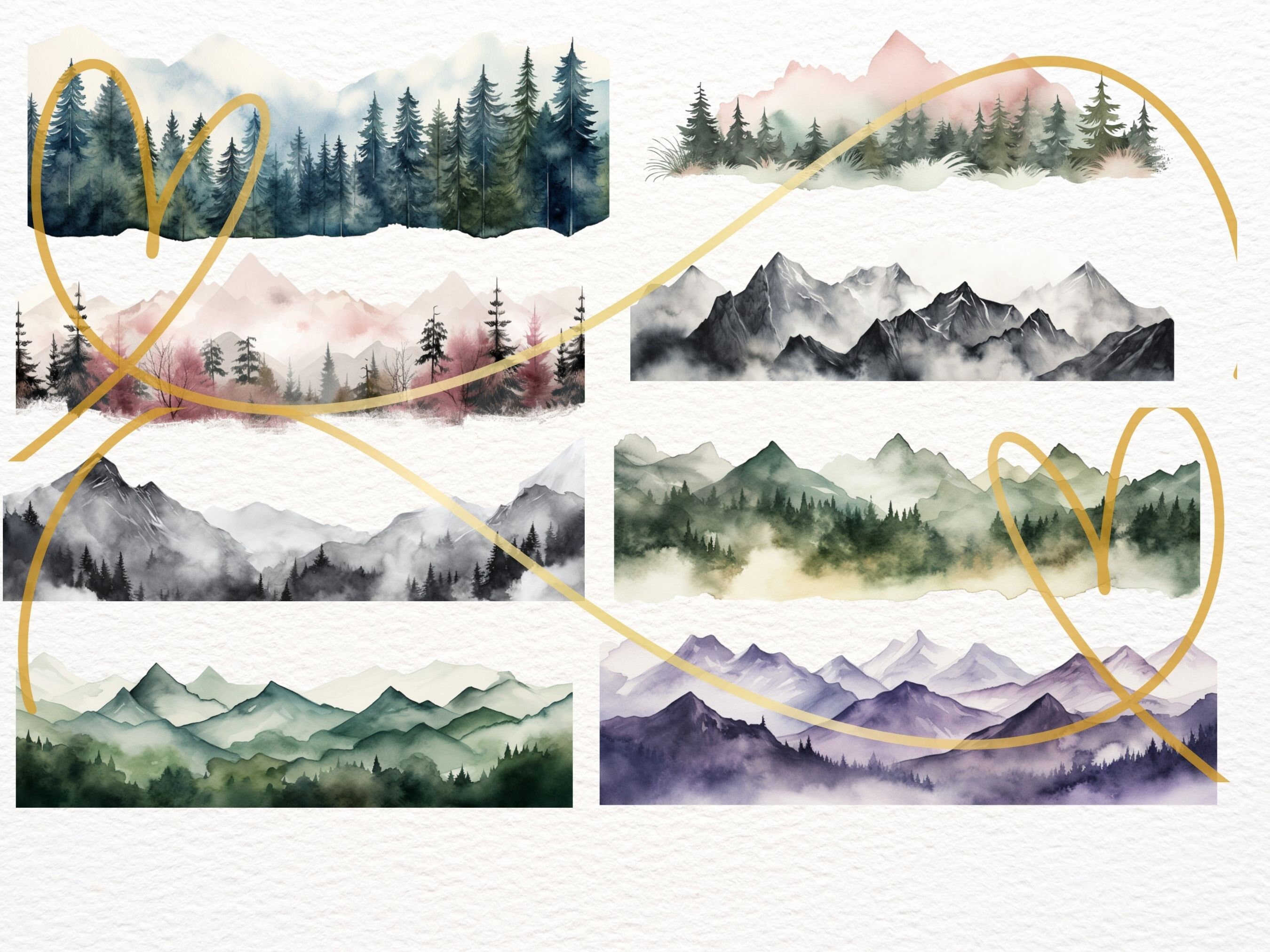 Watercolor Mountain Borders & Backgrounds: Nature Clipart Set (digital ...