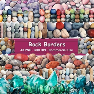Watercolor Rocks and Stones Clipart Borders Bundle, PNG Set of 43 ...