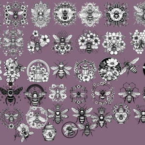 Bee Line Art Clipart, 42 PNG Set, Black and White Bees With Honeycomb ...