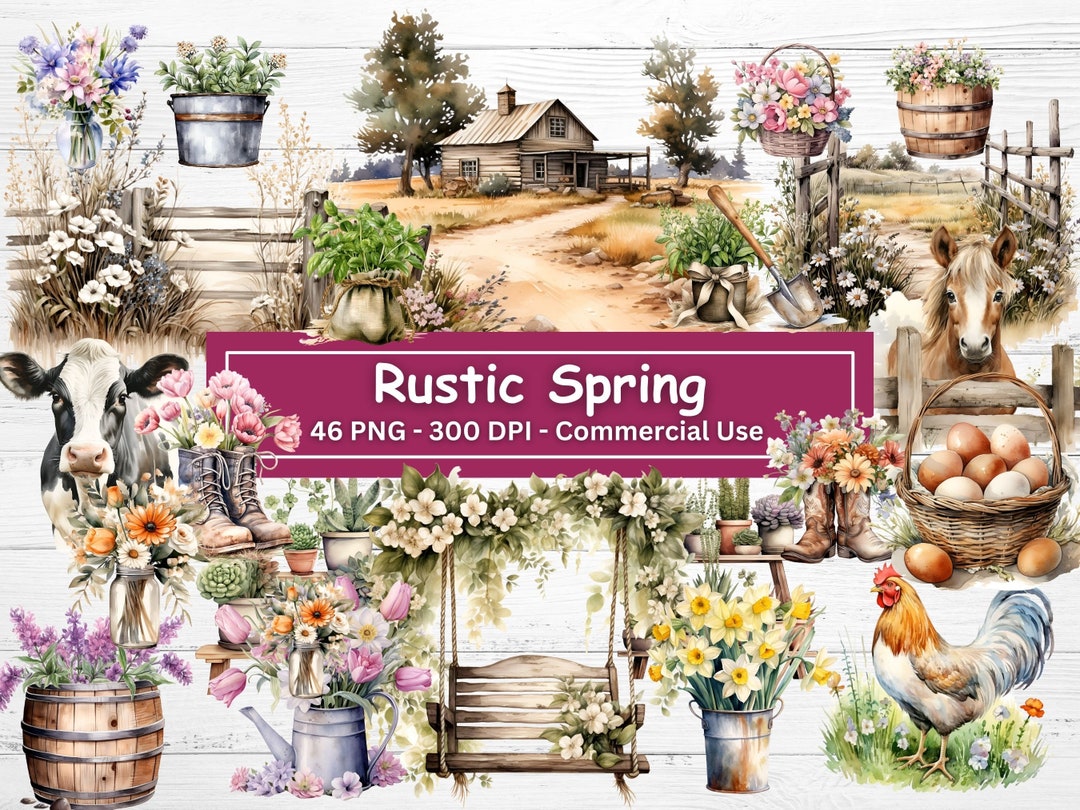 Watercolor Rustic Spring Clipart Bundle, 45 PNG Set, Commercial Use ...