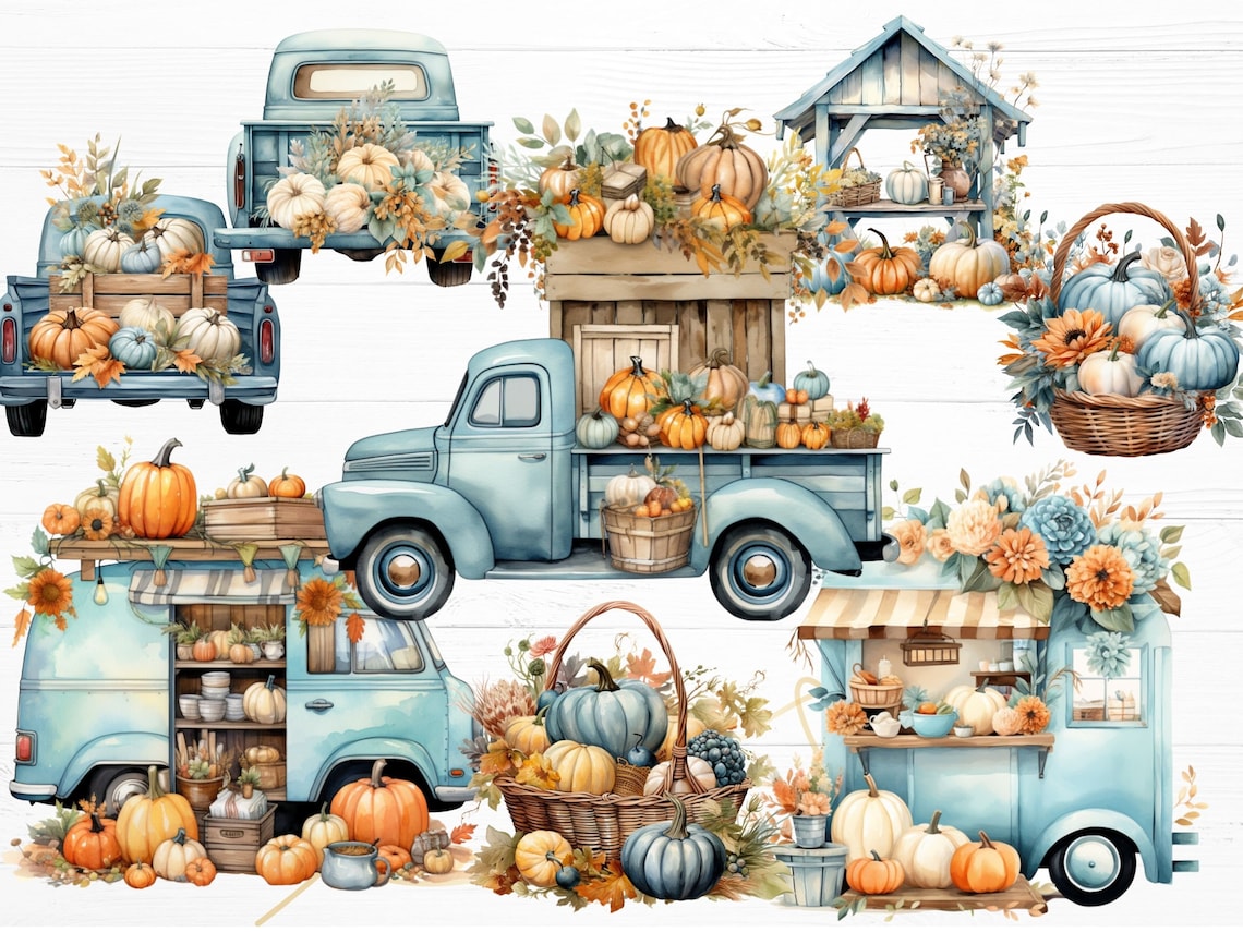 Pastel Blue Pumpkin Truck Clipart: Watercolor Autumn PNG Set (digital ...