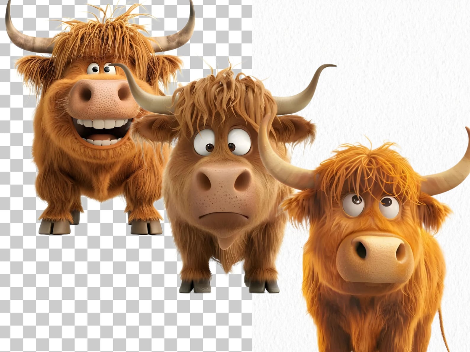 Fuzzy Highland Cow Clipart Bundle: 32 Funny Cartoon Pngs (digital ...