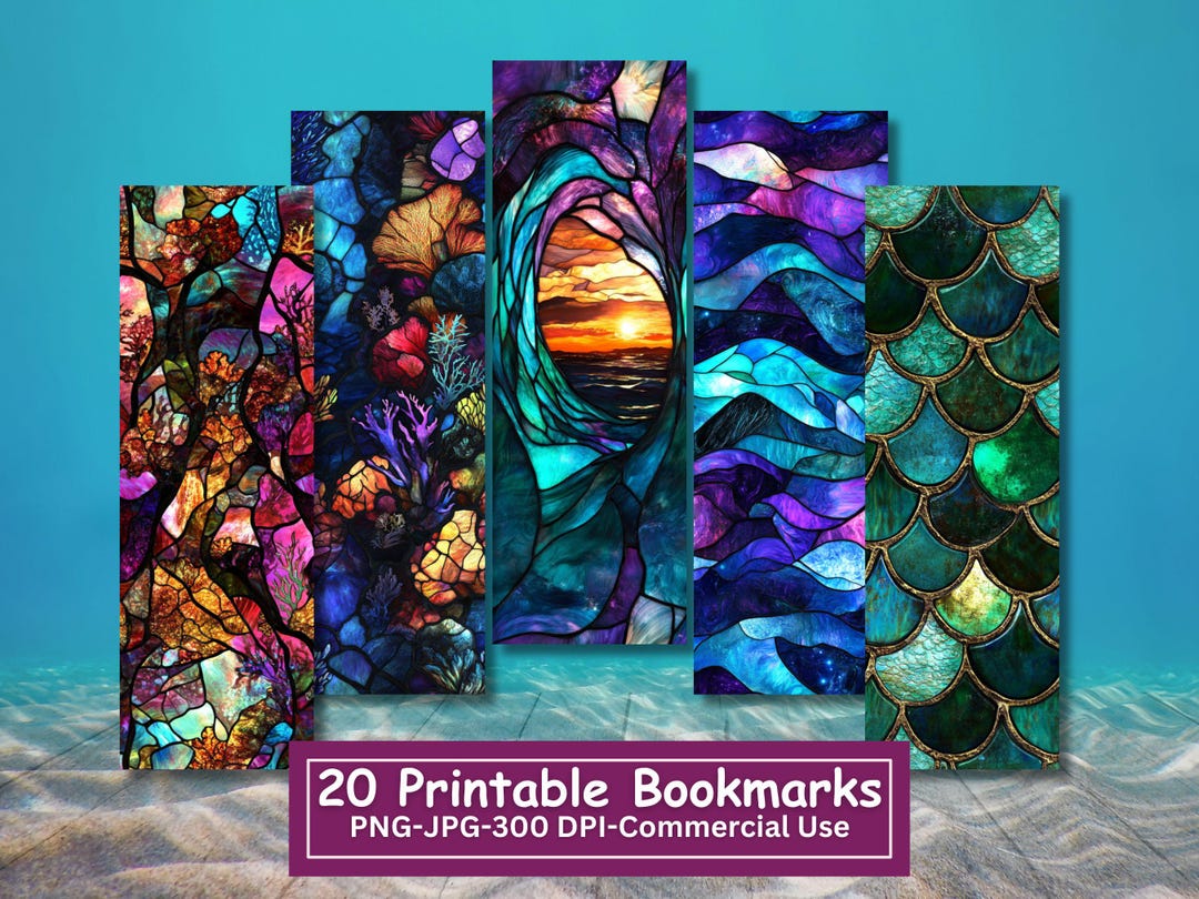 Ocean Inspired Stained Glass Printable Bookmarks Bundle, Set of 20 PNG ...