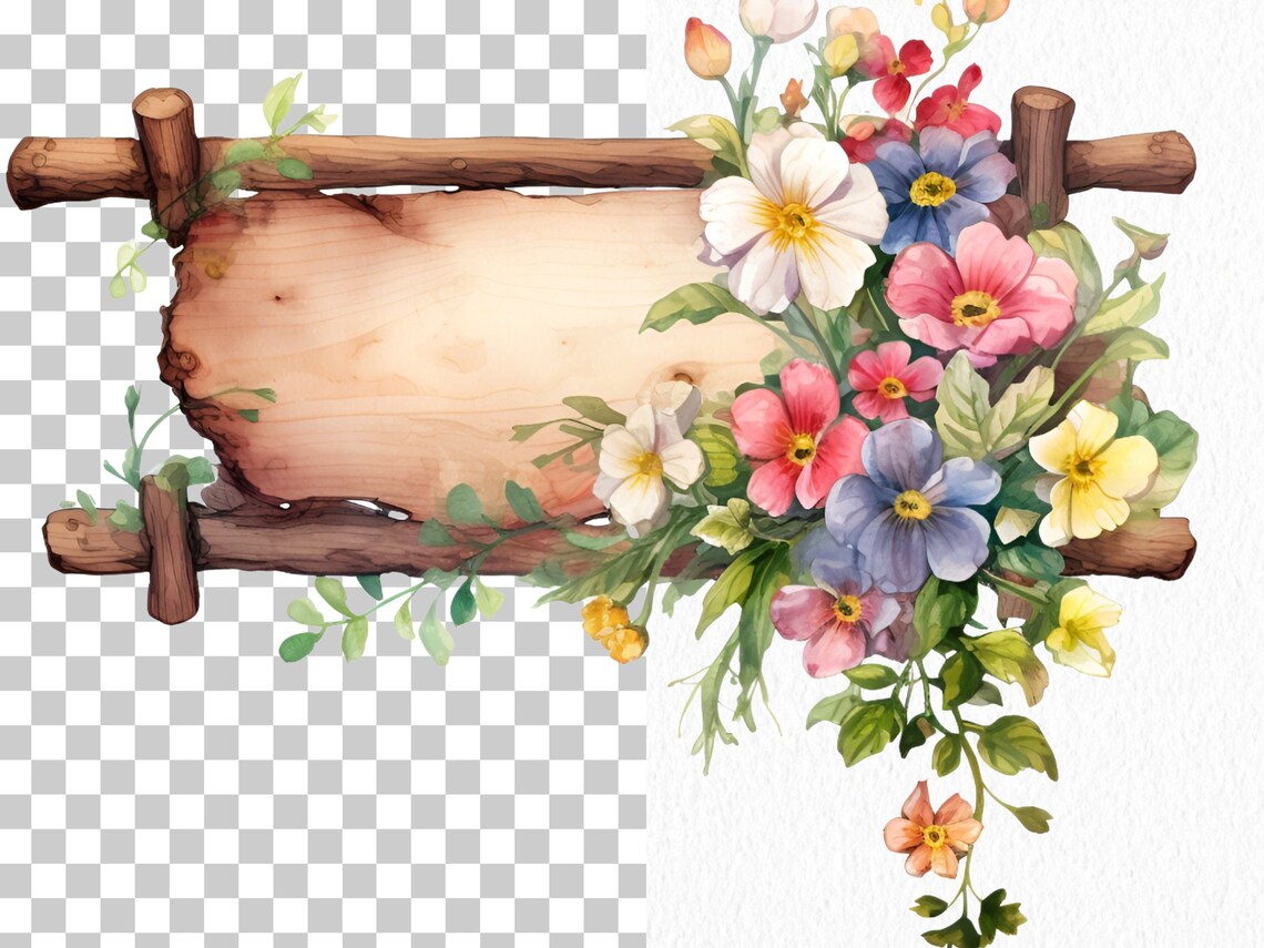 Floral Wooden Signs Clipart: Watercolor Flowers PNG Set (digital ...