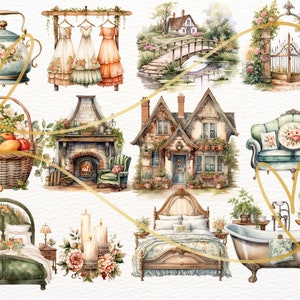 Vintage Watercolor Cottagecore Clipart Bundle: 55 PNG Rustic ...