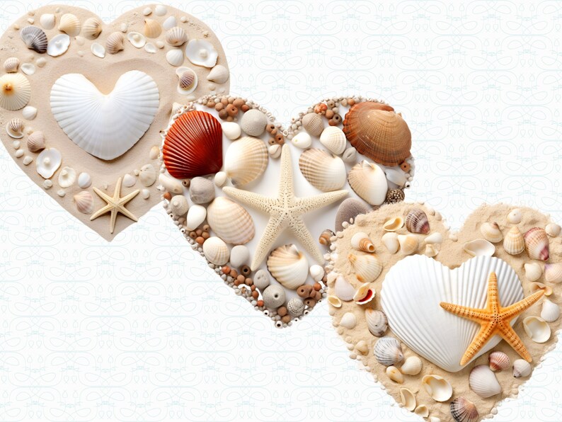 Seashell Hearts Clipart Bundle, Set of 25 Pngs, Watercolor Sea Waves ...