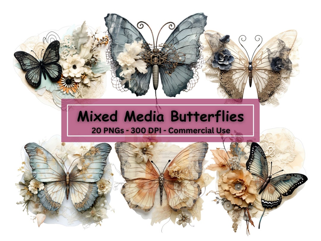 Mixed Media Butterfly Clipart Bundle, 20 PNG Set, Vintage Victorian ...