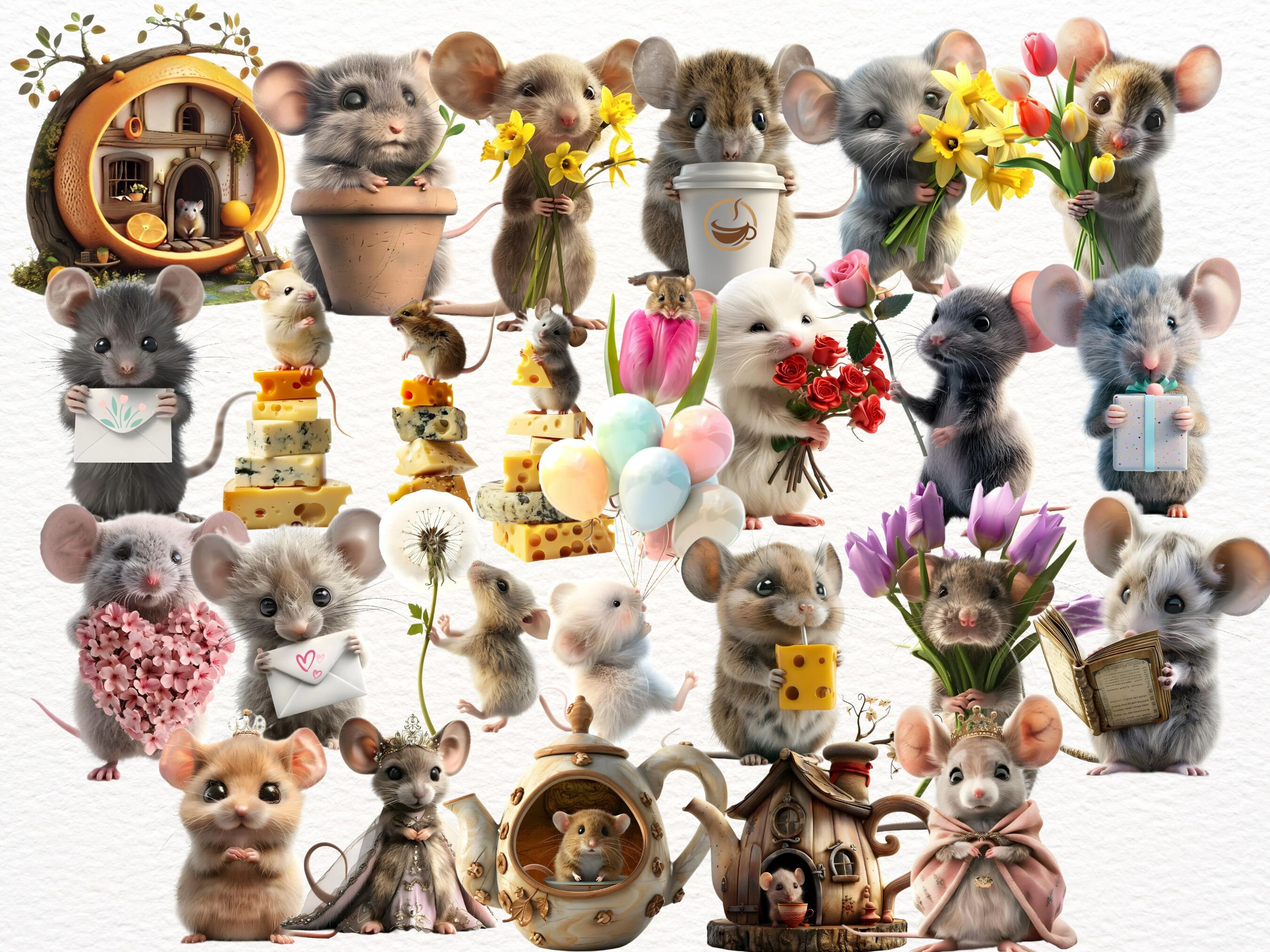 Fuzzy Mouse Clipart Bundle, Nursery PNG Art (digital Download ...