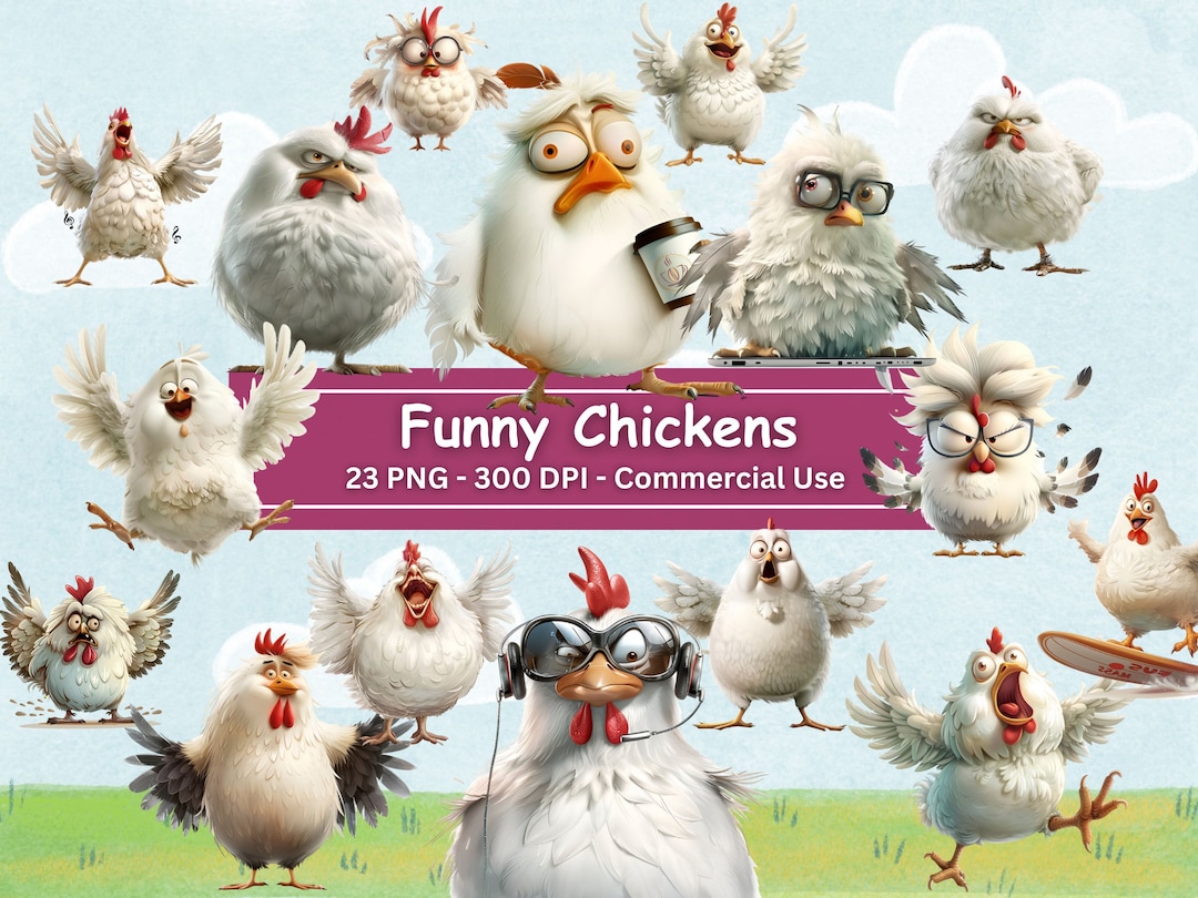 Funny Chickens Clipart Bundle, PNG Set of 23, Humorous Cartoon Wildlife ...