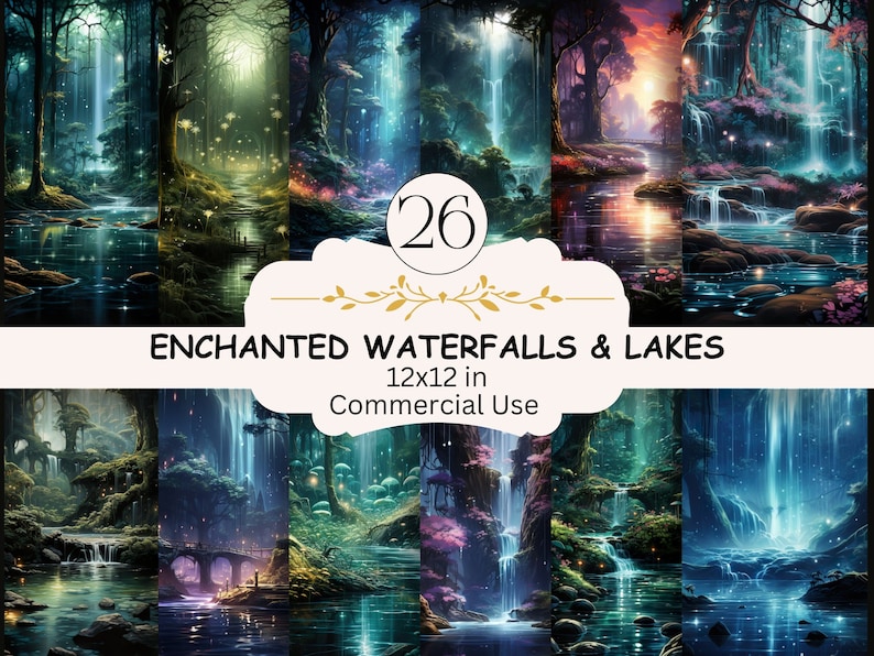 Enchanted Forest Lake Digital Paper: Waterfall Landscape Backgrounds ...