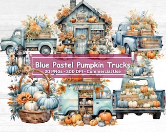 Blue Truck With Pumpkins PNG | Hand-painted Watercolor Fall Clip Art ...