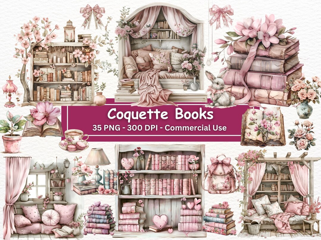 Coquette Books Clipart, PNG Set of 35, Vintage Book Stacks, Bookshelves ...