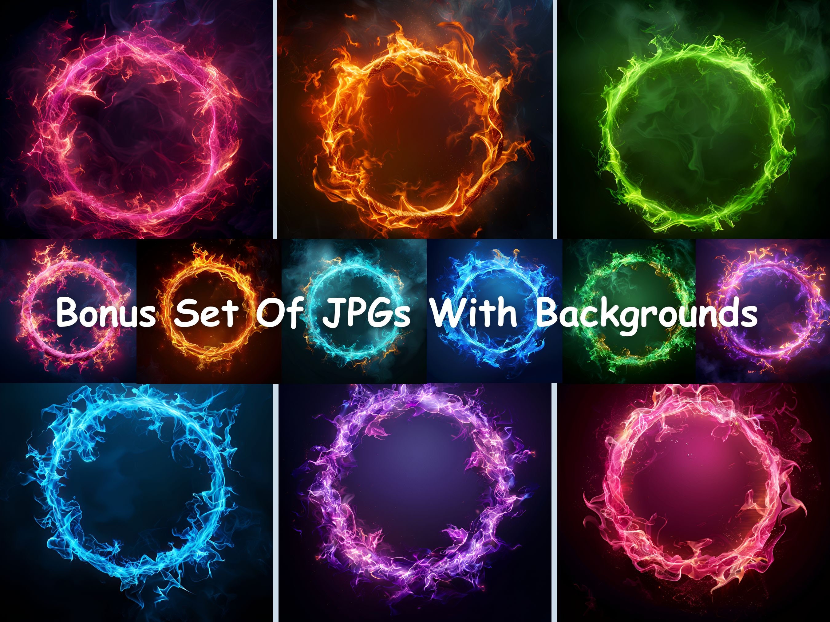 Neon Fire and Flames Wreath Clipart Bundle, PNG Set of 43 With ...
