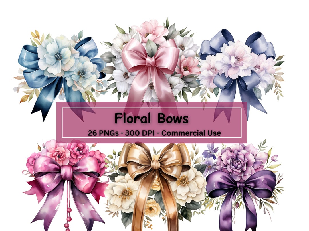 Watercolor Bows Clipart Bundle, Floral Ribbons and Bows Clipart Set ...