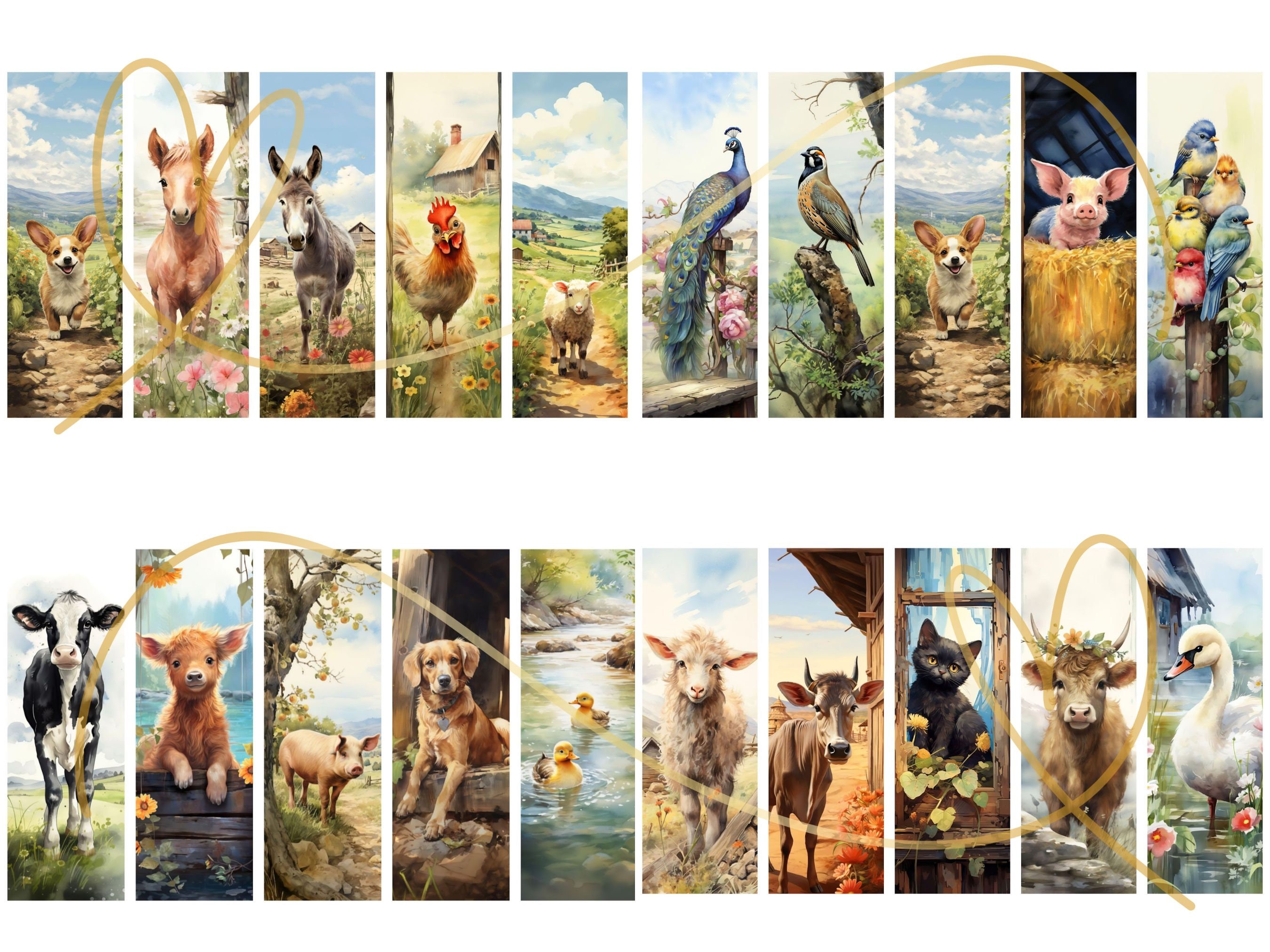 Rustic Watercolor Farm Animals Bookmarks Bundle, Set of 30 PNG/JPG ...
